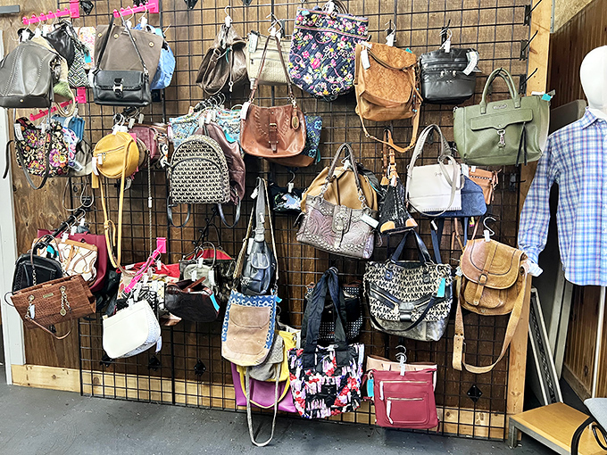 The handbag wall is a fashionista's dream—designer styles and everyday classics hanging like art pieces, waiting for their next shoulder to grace.