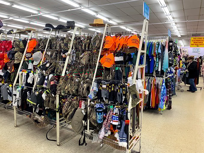 The hunting and outdoor section looks ready to outfit an entire troop for wilderness adventures. Orange is the new camouflage, apparently.