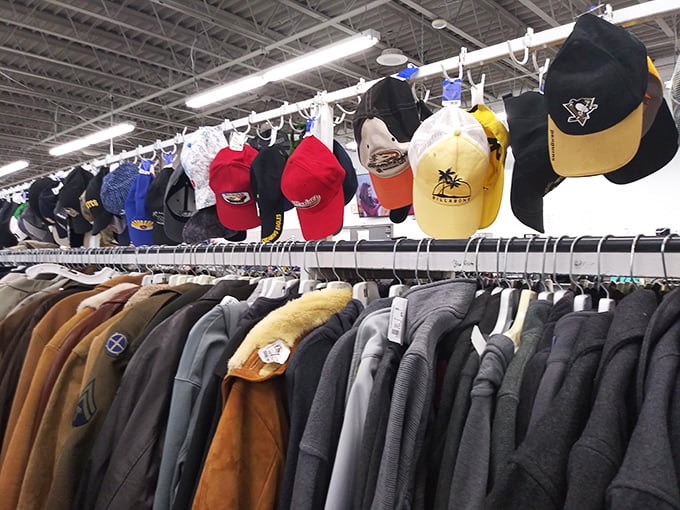 A lineup of Pittsburgh pride and vintage headwear—each cap a conversation starter waiting to crown its new owner.
