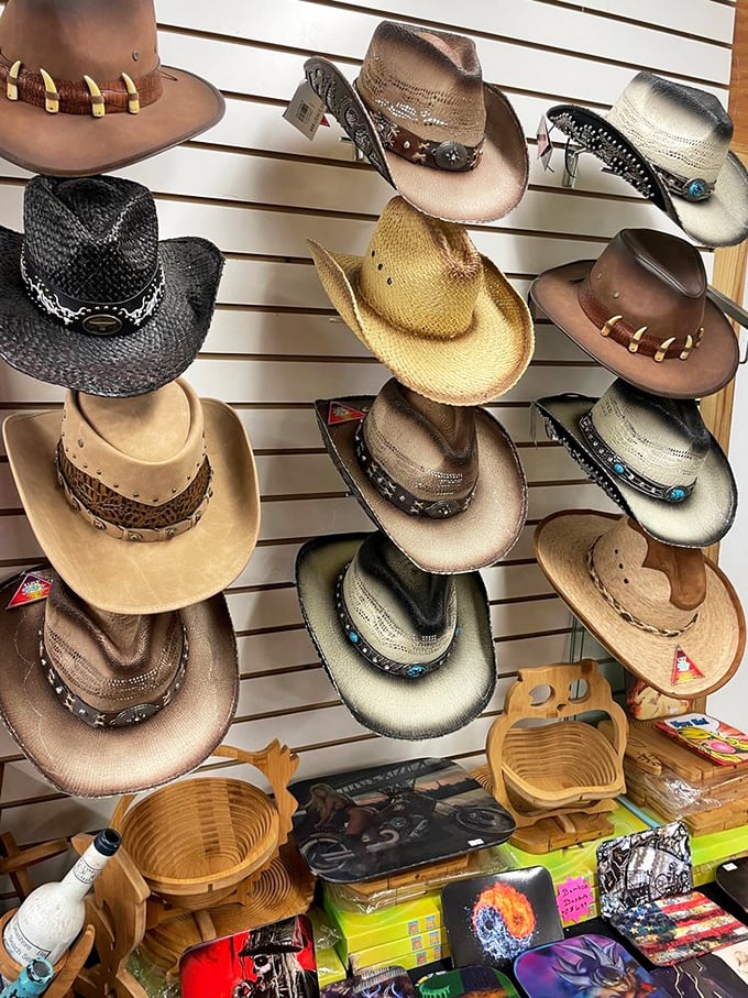 The cowboy hat display offers headwear for every personality—from "I occasionally line dance" to "I've named all my horses after country singers."