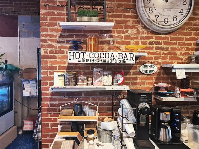 The hot cocoa bar isn't just a drink station—it's a winter survival kit. "Warm up here & have a cup of cheer" indeed!