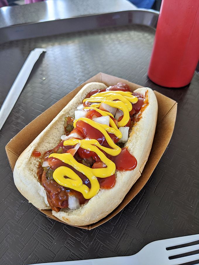 A hot dog done right – where the toppings complement rather than hide the star of the show. Simple pleasures are often the most satisfying.