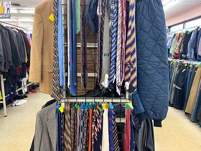 The necktie collection offers silent testimony that corporate America occasionally loosens its collar and cleans out closets.