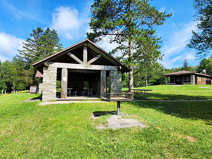 Rustic charm meets practical design in this picnic pavilion. The perfect shelter for everything from family reunions to escaping surprise summer showers.