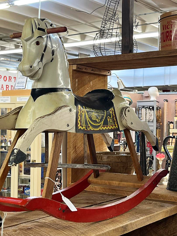 This vintage rocking horse isn't just a toy—it's childhood nostalgia on wooden rockers. Generations of imaginary cowboys rode this noble steed.