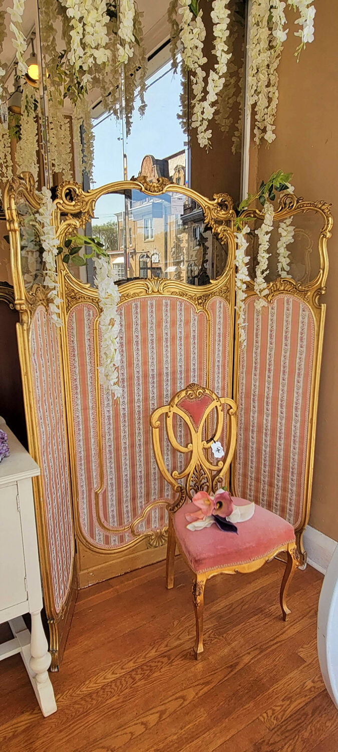 A French boudoir screen and velvet chair that screams "draw me like one of your French girls" with all the elegance of a bygone era.