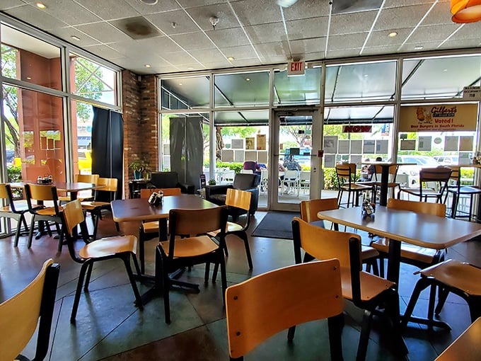 Simple wooden chairs and tables that say, "We're focusing on the food, not the furniture"—and that's exactly right.