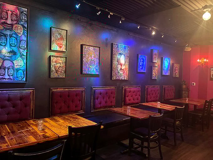 Eclectic artwork watches over diners like friendly ghosts of meals past. The pink walls somehow make everything taste better.
