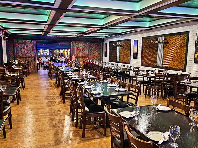 The dining room feels like it's saying, "Come, sit, stay awhile." With lighting this flattering, even your leftovers look good.
