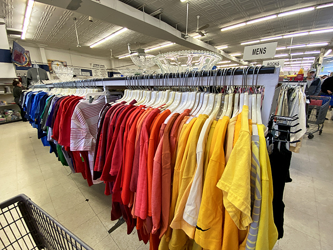 Men's shirts arranged in rainbow formation—proof that even secondhand shopping can deliver that satisfying color-coordinated dopamine hit.