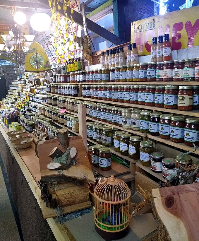 Mason jar magic! Shelves of homemade preserves, jellies, and sauces that grandmother would approve of, each promising flavor salvation in glass form.