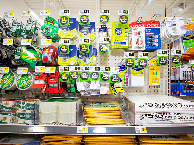 The office supply section: where school projects are saved at midnight and small business owners find budget-friendly solutions for their administrative needs.