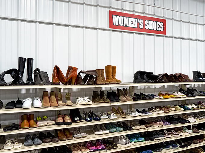 The women's shoe section: a podiatric paradise where practical flats mingle with aspirational heels, all waiting for their Cinderella moment.