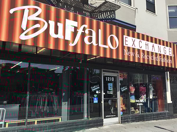 Buffalo Exchange's striking awning adds a pop of color to San Francisco's streetscape. Fashion recycling with urban flair and Mission District character!