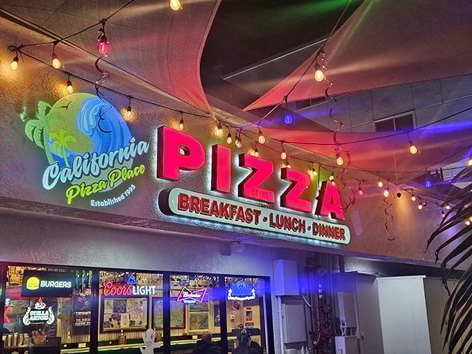 California Pizza Place's colorful lights aren't just decoration—they're a preview of the flavor fireworks waiting inside.