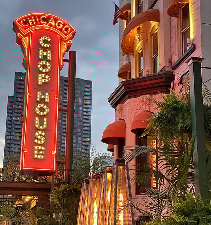 That vertical "Chicago Chop House" sign isn't just neon – it's a beacon of beef excellence in a city that knows its meat.