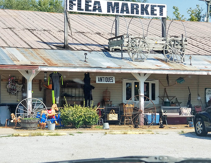 Wagon wheels and weathered wood—Homestead Flea Market wears its rural heritage like a well-earned badge of honor.