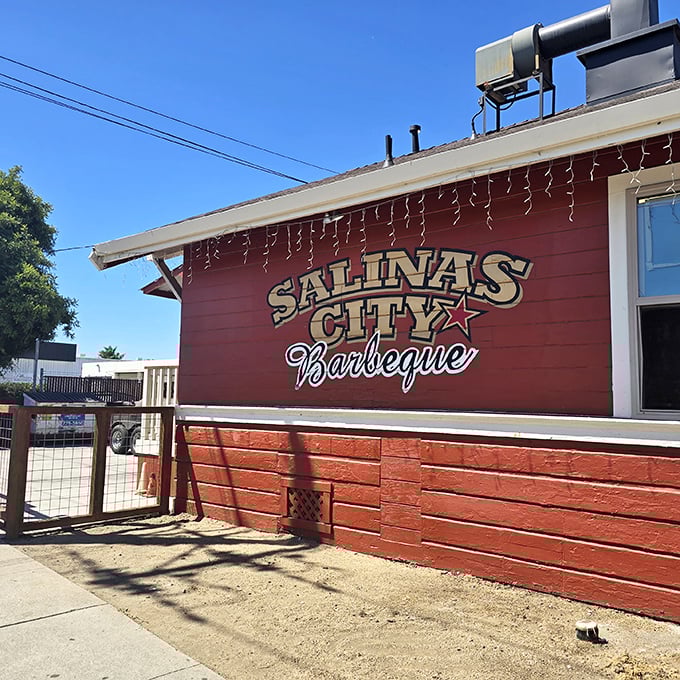 Salinas City's bold red building stands proud, ready to fuel hardworking appetites all day. 
