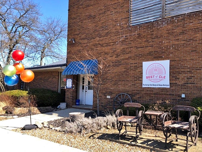 The Salvage Yard's charming sign promises adventures in upcycling and vintage finds. Those colorful balloons aren't celebrating a birthday—they're celebrating great deals!