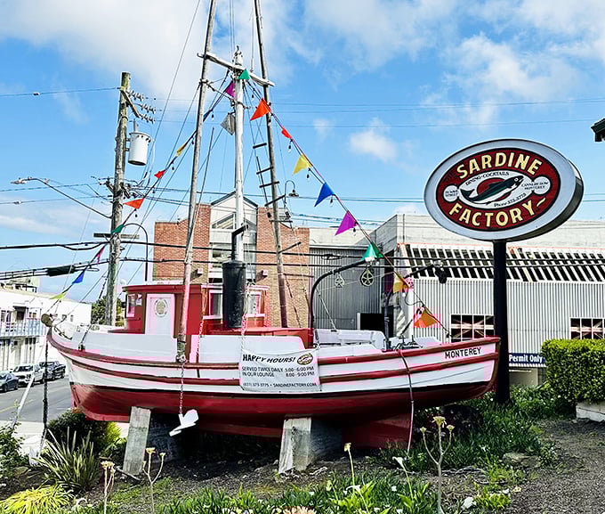 The Sardine Factory's fishing boat display – where they take "fresh catch" so seriously they park the boat out front.