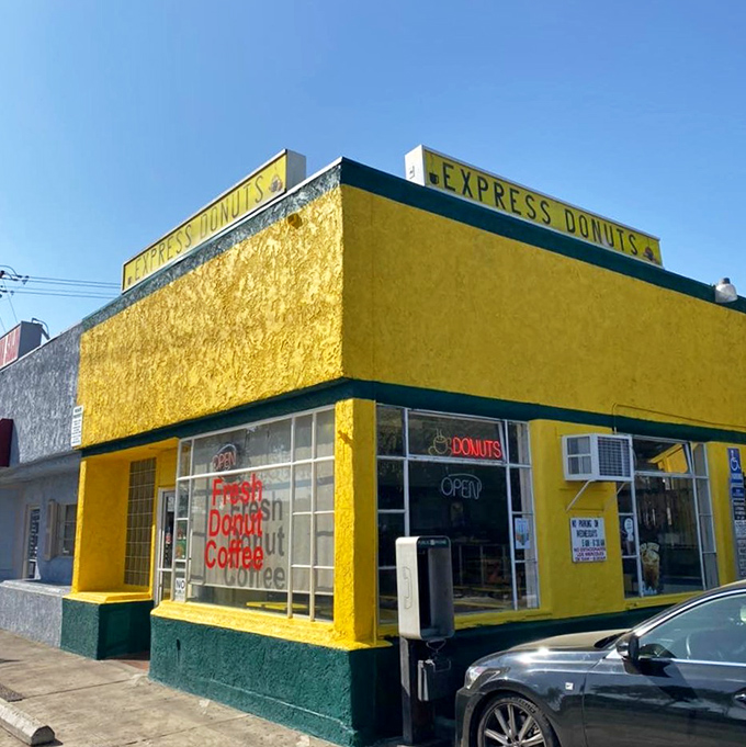 The cheerful yellow and green of Express Donuts brightens any Central Valley day – before the donuts even work their magic.