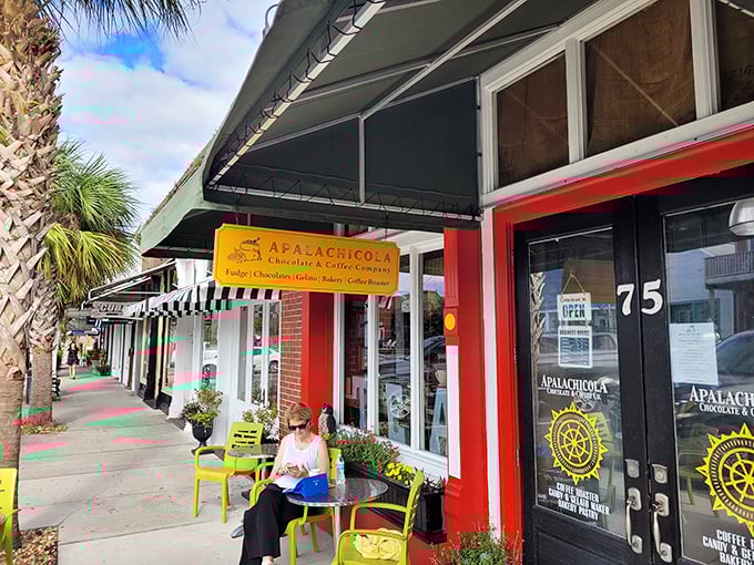 The Apalachicola Chocolate & Coffee Company offers the perfect morning ritual – caffeine, sweetness, and a cheerful yellow chair for people-watching.