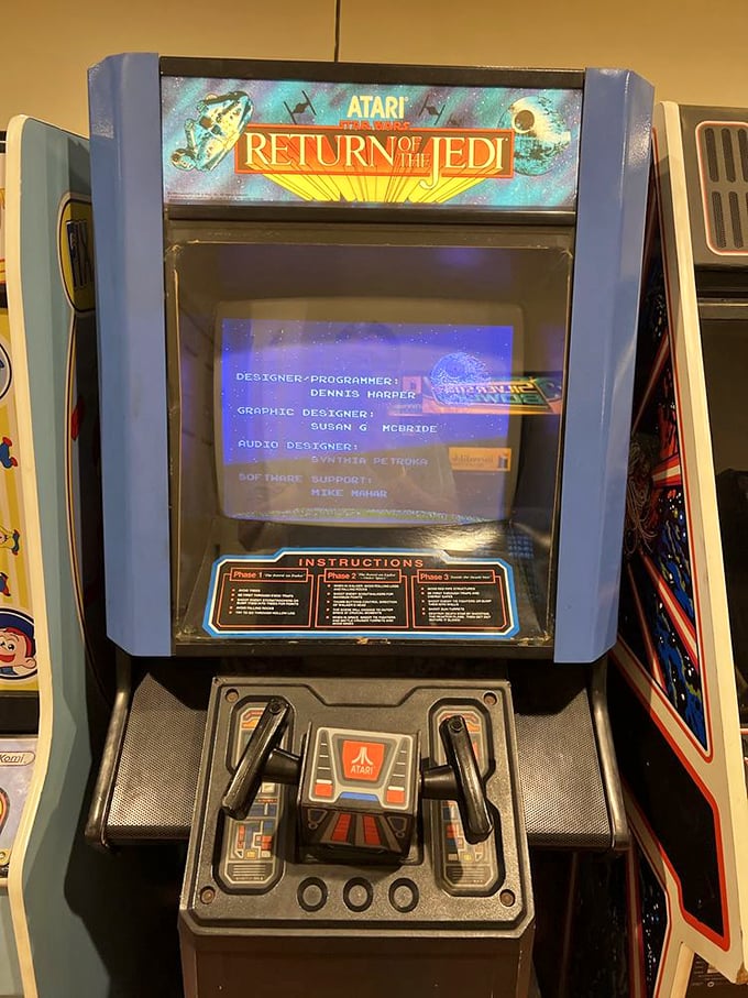 Return of the Jedi arcade cabinet—when movie tie-in games were special events. That blue vector graphics display still hypnotizes like it did when Reagan was president.