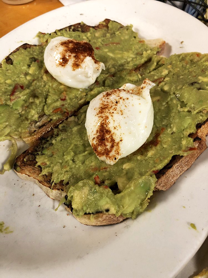 Avocado toast that doesn't need to apologize for itself—it's not a trend here, just genuinely good food with perfectly poached eggs standing sentry.