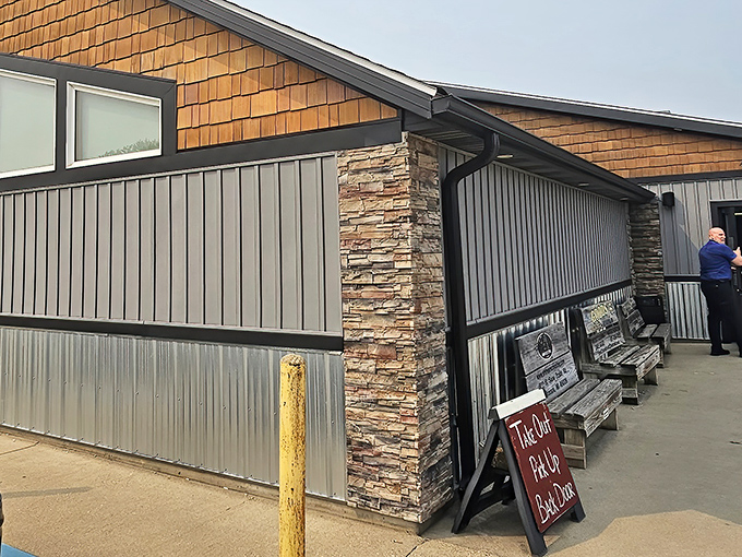 Even the pickup area has character—stone accents and wooden benches make waiting for takeout feel like part of the experience.
