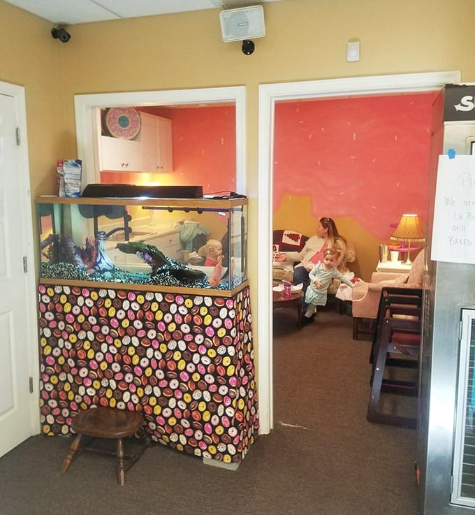 A glimpse into the family-friendly side of Glazed – where even the fish tank is decorated with donut-themed flair.