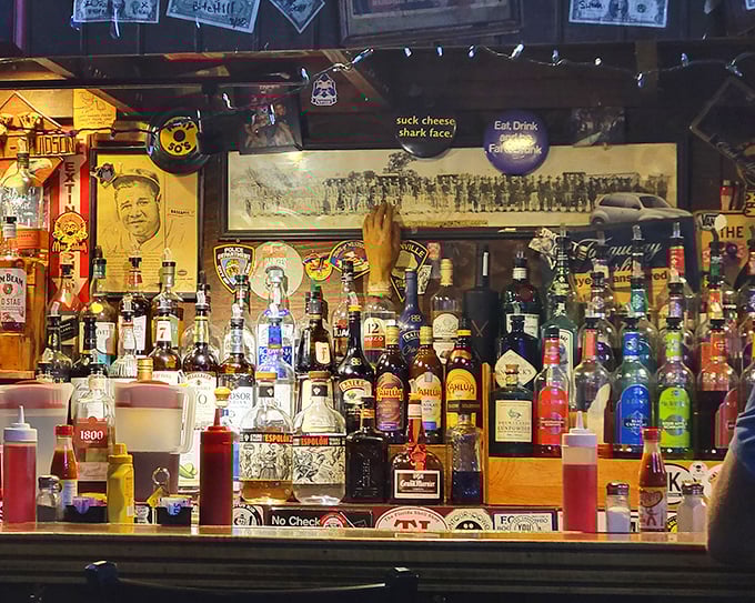 The bar doesn't just serve drinks – it serves history, with bottles standing at attention like soldiers guarding liquid happiness.