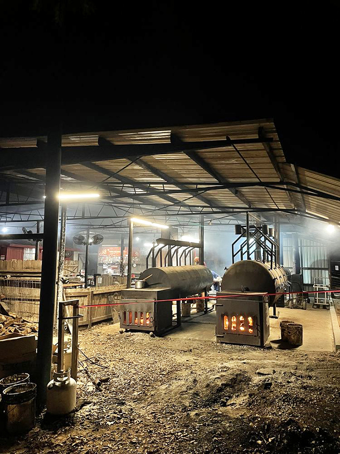 Night falls but the fires burn on – these massive smokers work the overnight shift so you can experience meat nirvana at dawn.