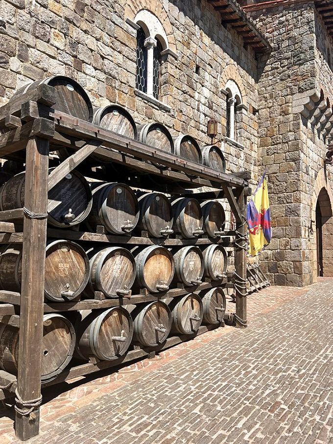 Wine barrels stacked against ancient stone walls—where old-world craftsmanship meets California sunshine. The perfect marriage of form and function.