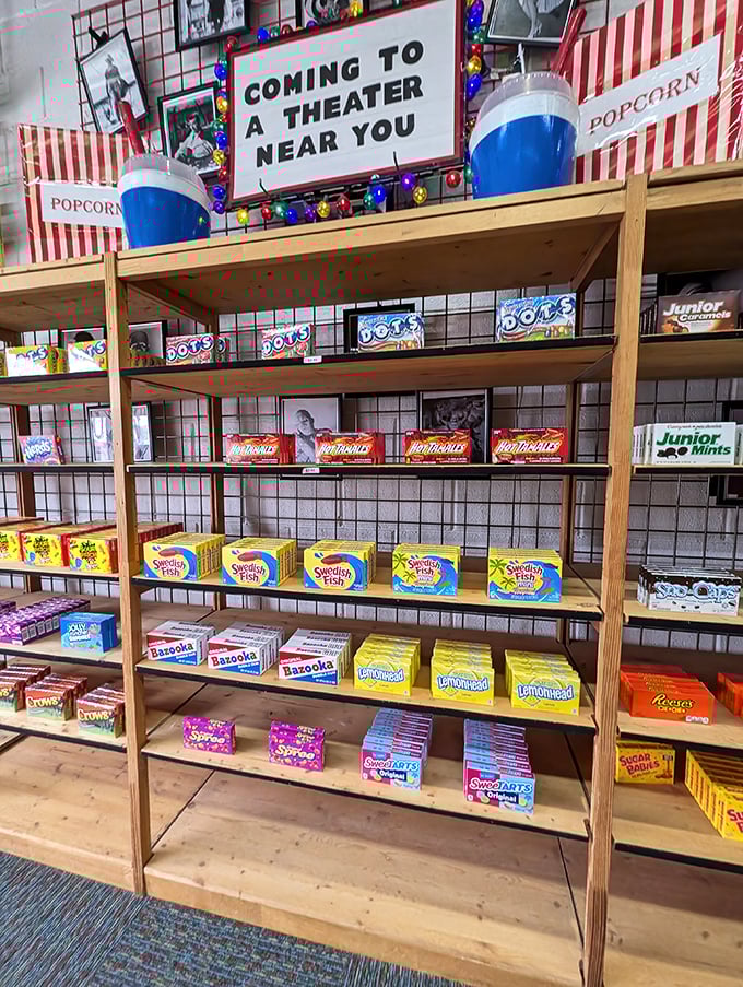The movie theater candy section – where Junior Mints and Milk Duds remind us that film appreciation has always been a multi-sensory experience.