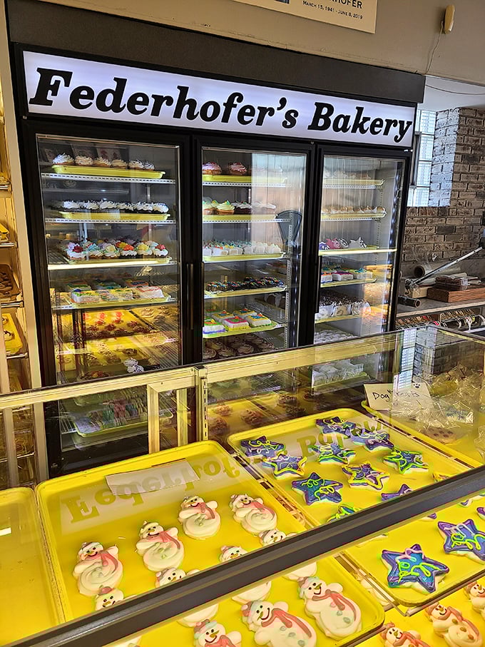 The refrigerated display – where cake dreams are born and diet resolutions go to die in the most delicious way possible.