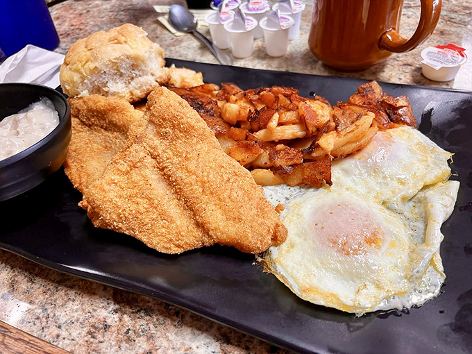 Crispy catfish that would make any Southern cook proud, served alongside eggs and potatoes. The kind of breakfast-lunch hybrid that justifies a mid-afternoon nap.