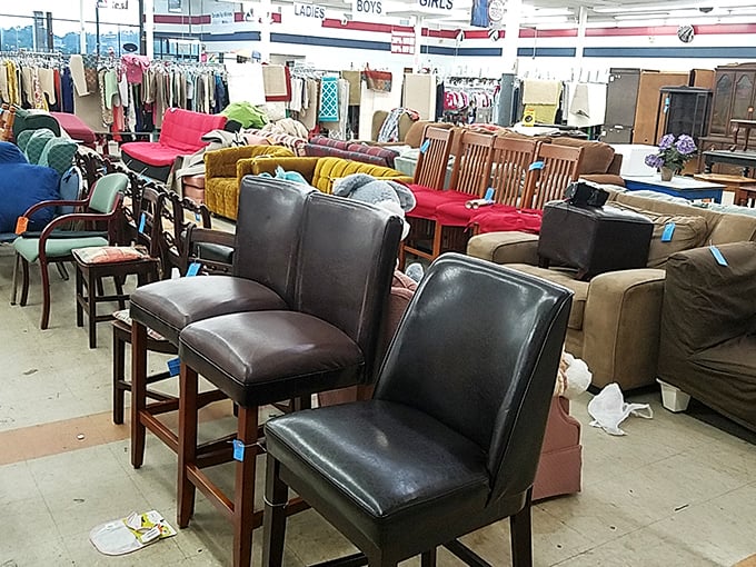 Leather dining chairs and plush sofas create a furniture forest where you can envision your living room's next evolution.