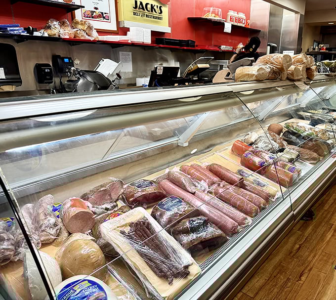 The counter where magic happens—meats sliced so thin they're practically transparent until they're stacked higher than your expectations.
