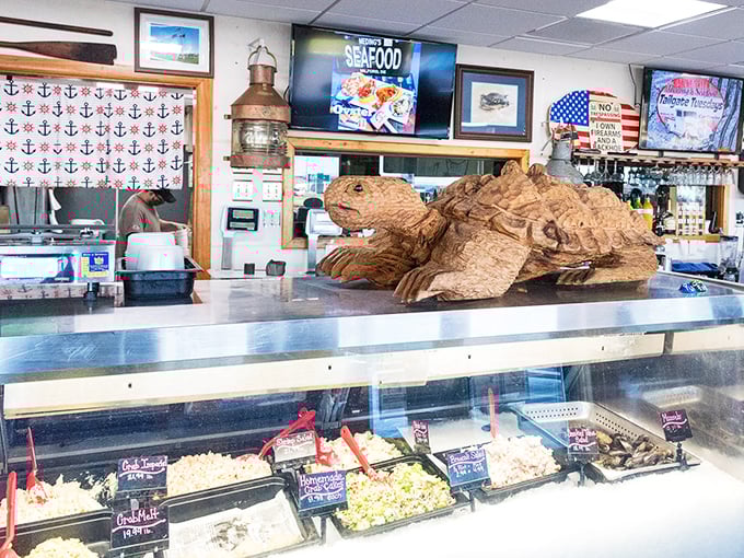 A wooden sea turtle guards the day's fresh catch. The display case below showcases treasures more valuable than any pirate's chest.