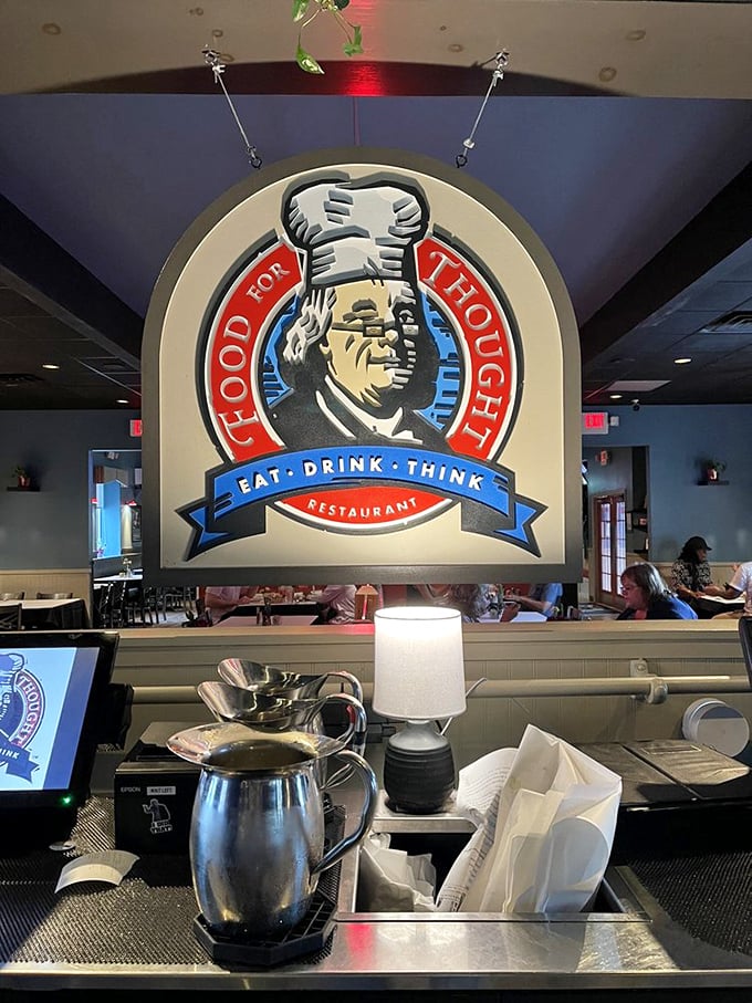 The restaurant's iconic logo watches over diners like a benevolent culinary philosopher. "Eat, Drink, Think" isn't just a slogan—it's a lifestyle recommendation.