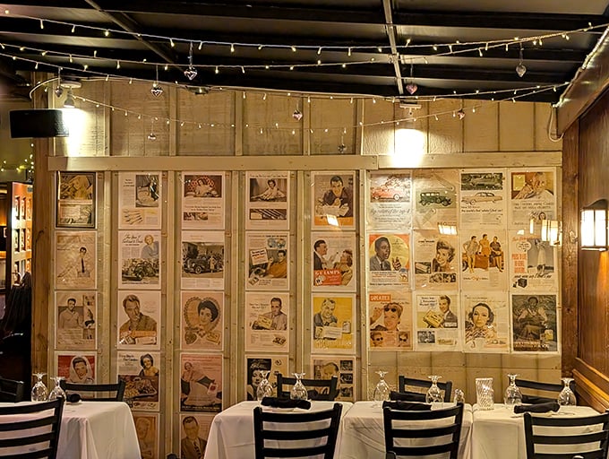 Vintage advertisements line the walls like a time capsule, reminding us of an era when dinner out was an occasion and dessert was never skipped.