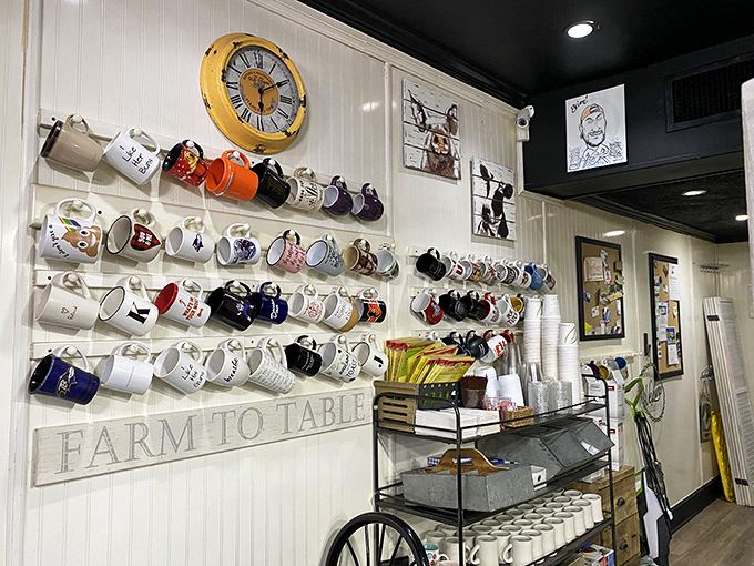 The mug wall – where loyalty is displayed and personalities are expressed. "Farm to Table" isn't just a sign, it's the Willy's Kitchen philosophy.
