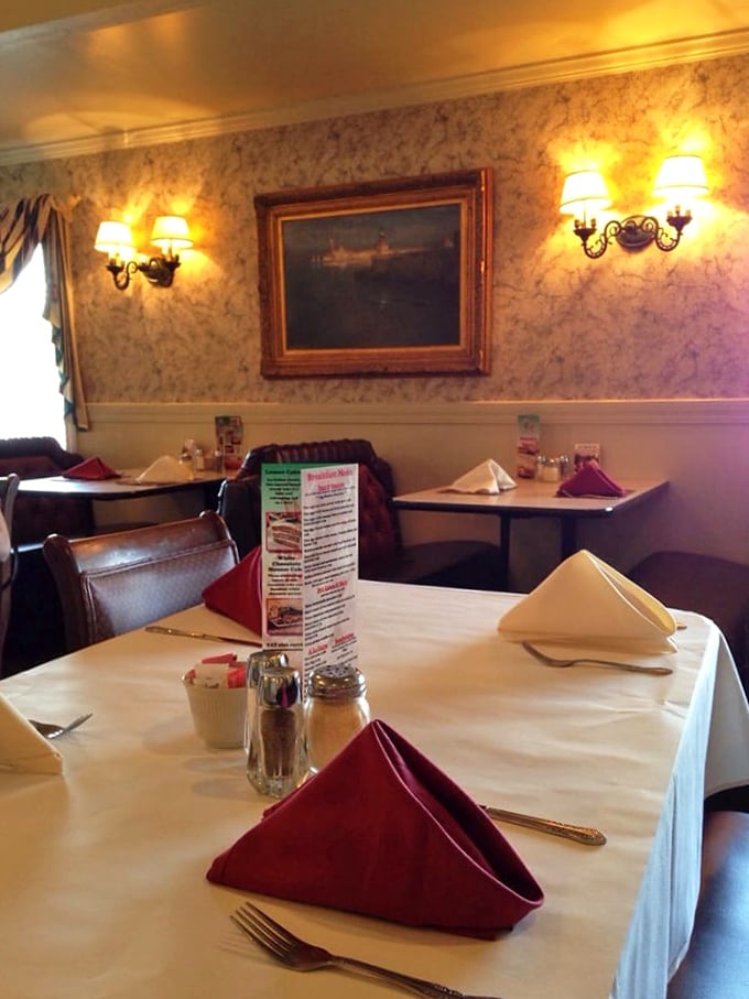 Red napkins stand at attention on white tablecloths while warm lighting creates the perfect ambiance. This isn't decoration—it's tradition on display.