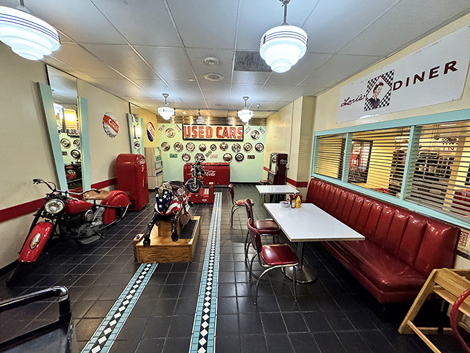 Vintage motorcycles and memorabilia don't just decorate the space—they tell stories from an era when "fast food" meant the waitress had good running shoes.