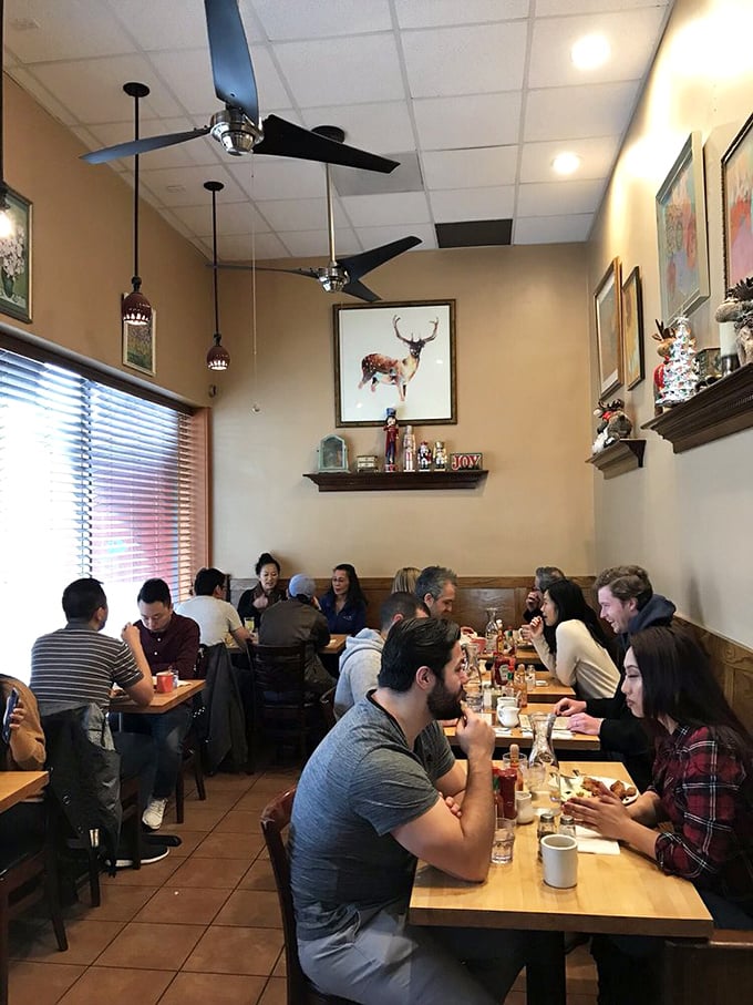 The packed dining room hums with the universal language of breakfast appreciation – forks diving, coffees steaming, conversations flowing.