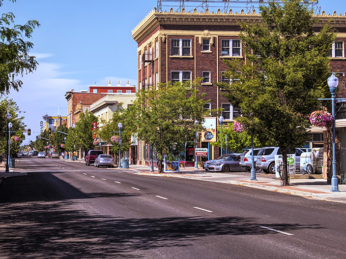 Tree-lined streets and historic buildings create Pocatello's walkable downtown. Like a movie set for "Affordable Small Town Living: The Series."