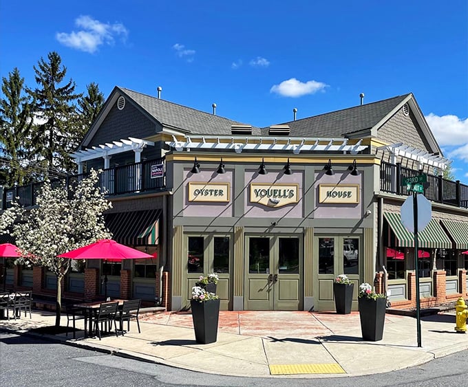 Spring blossoms frame Youell's facade on a perfect blue-sky day. Those outdoor tables beckon like an invitation to enjoy seafood in the Pennsylvania sunshine.