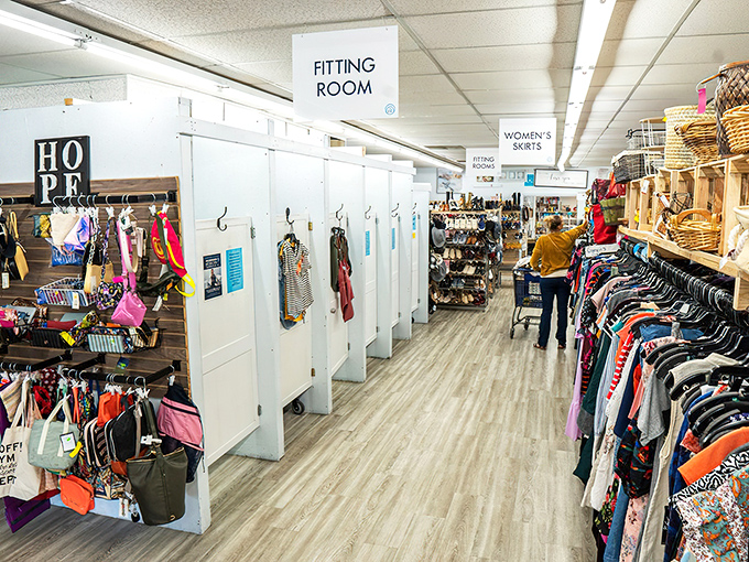 Fitting rooms that respect your dignity—a rarity in thrift-store world! Spacious, clean, and plentiful, they eliminate the "buy and hope" approach.