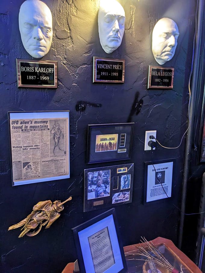Horror royalty immortalized in death masks—Karloff, Price, and Lugosi looking surprisingly peaceful for men who terrified generations of moviegoers.