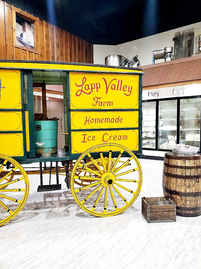 Lapp Valley's cheerful yellow wagon promises ice cream so fresh it was practically milk that morning—no app required.